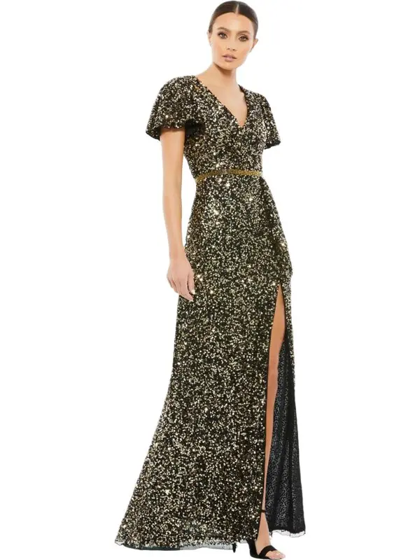 Mac Duggal Sequin Butterfly Sleeve Draped Gown - Black