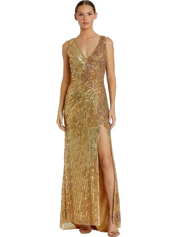 Mac Duggal Beaded Floral Sleeveless Gown - Gold