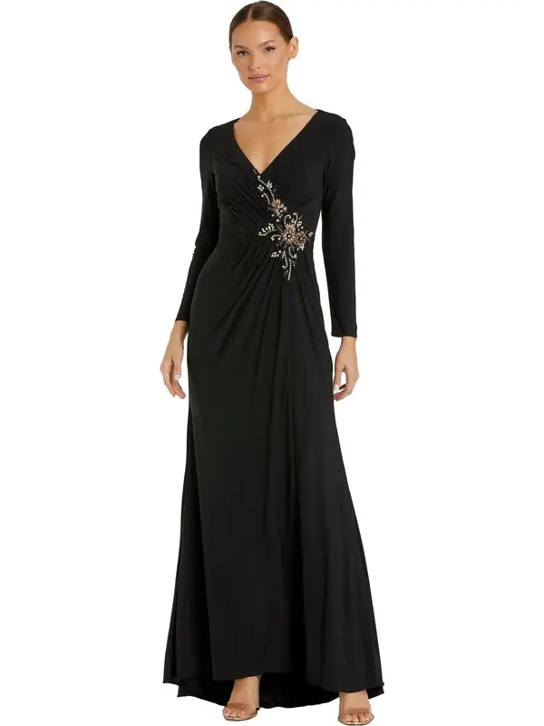Mac Duggal Faux Wrap Long Sleeve Evening Gown With Appliqué Detail - Black