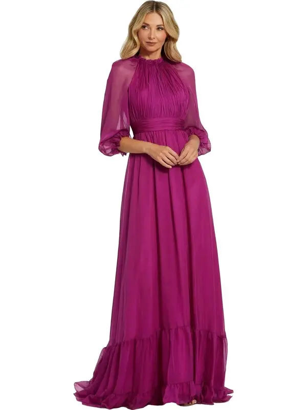 Mac Duggal Chiffon Ruched Illusion Raglan Sleeve Ruffled Gown - Purple