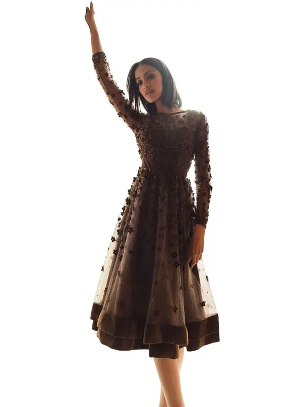 Mac Duggal Velvet Embellished Illusion Long Sleeve A-line Midi Dress - Brown