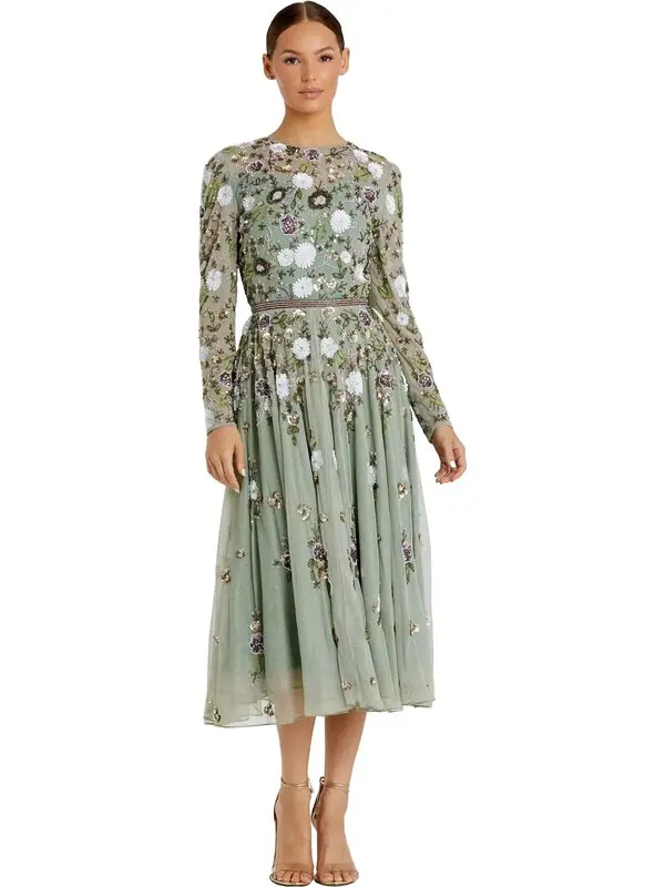 Mac Duggal Sequined Floral Long Sleeve High Neck Midi Dress - Green