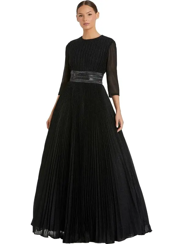 Mac Duggal Shimmering Pleated Ball Gown With 3/4 Sleeves - Black