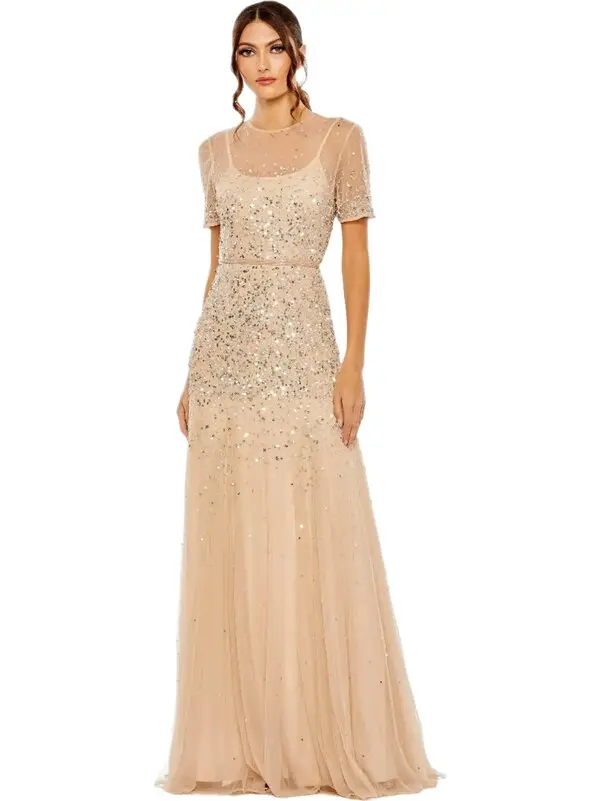 Mac Duggal High Neck Sequin Embellished Gown - Gold