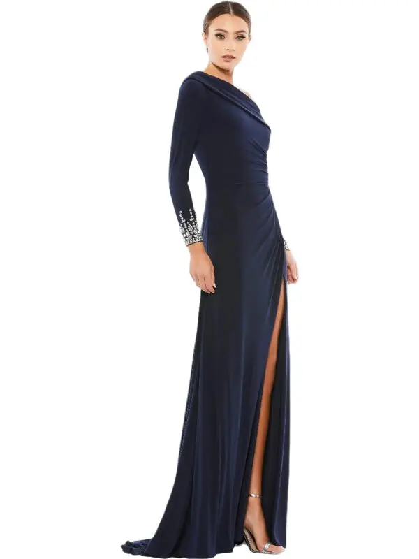 Mac Duggal Beaded Cuff Drop Shoulder Faux Wrap Gown - Navy