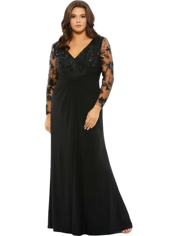 Mac Duggal Front Twist Embellished Illusion Long Sleeve Gown - Black