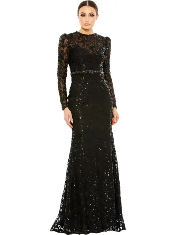 Mac Duggal Embellished High Neck Long Sleeve Gown - Black