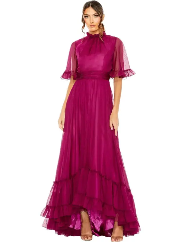 Mac Duggal Ruffled Mock Neck High-low Hem Gown - Purple