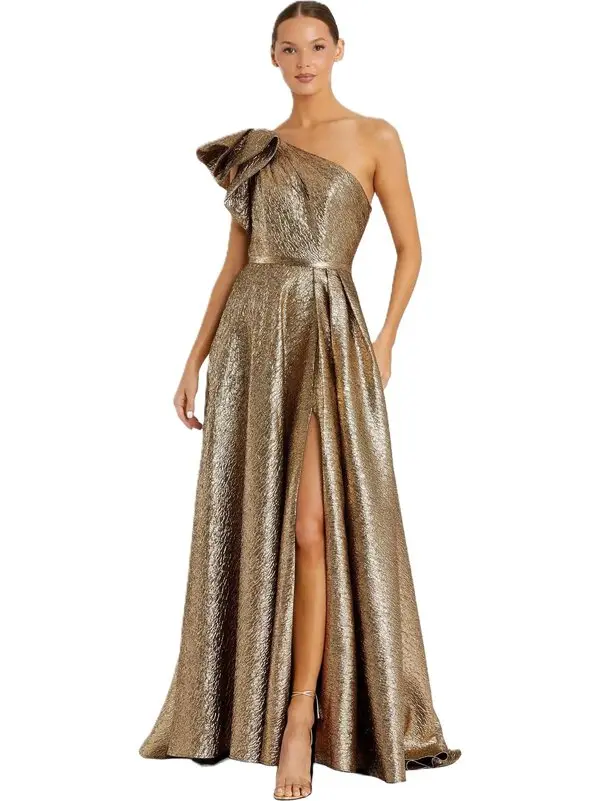 Mac Duggal Metallic Brocade One-shoulder Ball Gown - Gold