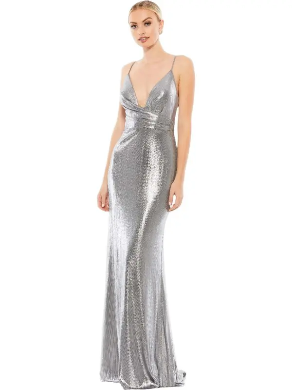 Mac Duggal Metallic Faux-wrap Spaghetti Strap Gown - Silver