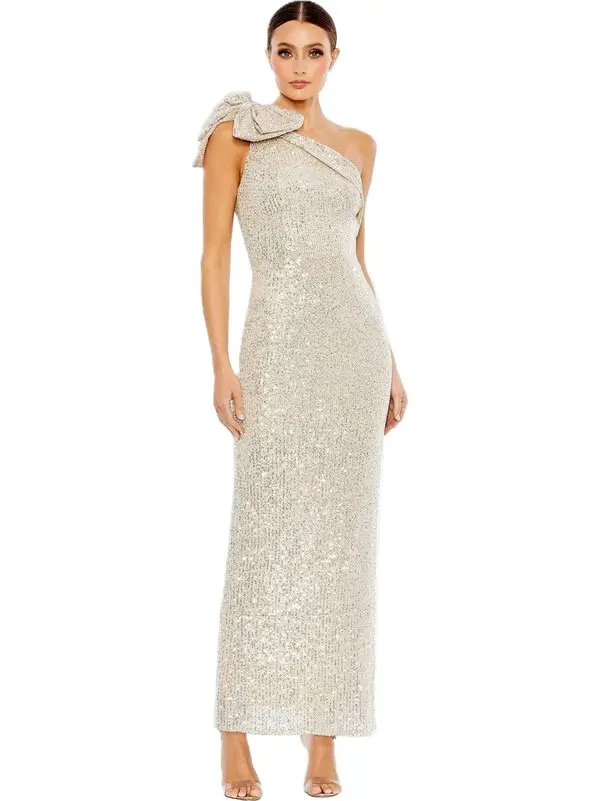 Mac Duggal Sequin Bow One-shoulder Gown - Neutral