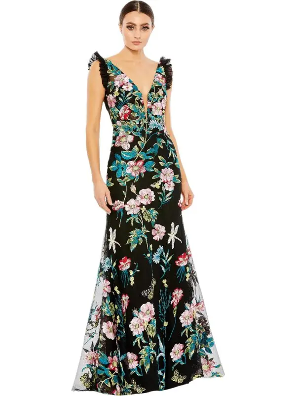 Mac Duggal Embroidered Floral Plunge Neck Trumpet Gown - Black Multi