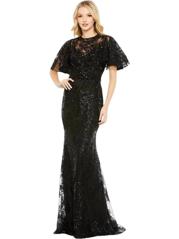 Mac Duggal Hand-embellished Beaded Lace Gown With Cape Sleeves - Black