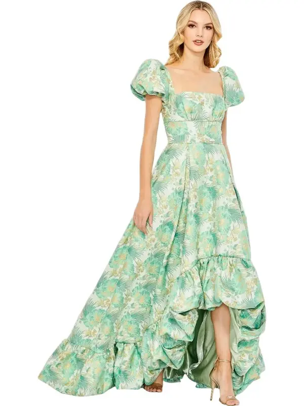 Mac Duggal Floral Brocade High-low Gown With Puff Sleeves - Green