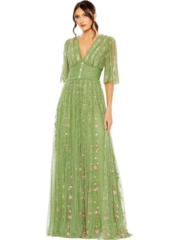 Mac Duggal Floral V-neck Empire Waist Gown - Green