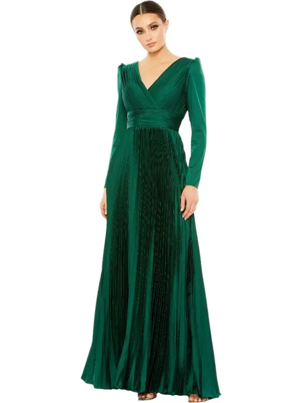 Mac Duggal Pleated Long Sleeve V-neck Gown - Green