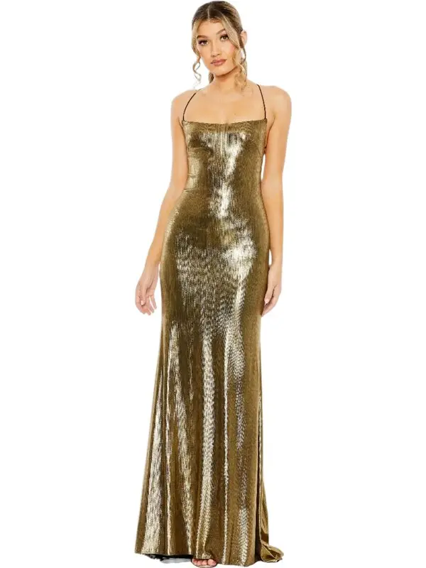 Mac Duggal Metallic Corset Back Column Gown - Gold