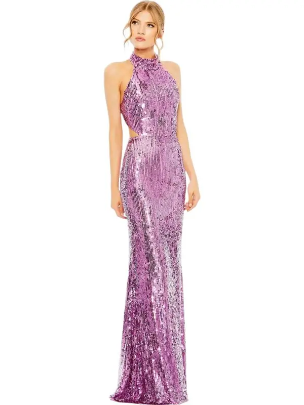 Mac Duggal Sequin Open Back Halter Gown - Purple