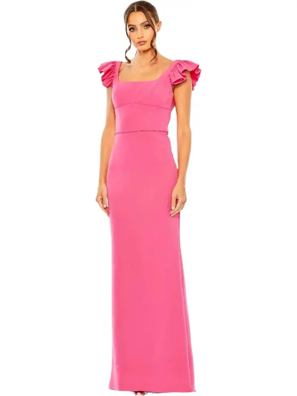 Mac Duggal Ruffle Cap Sleeve Open Back Column Gown - Pink