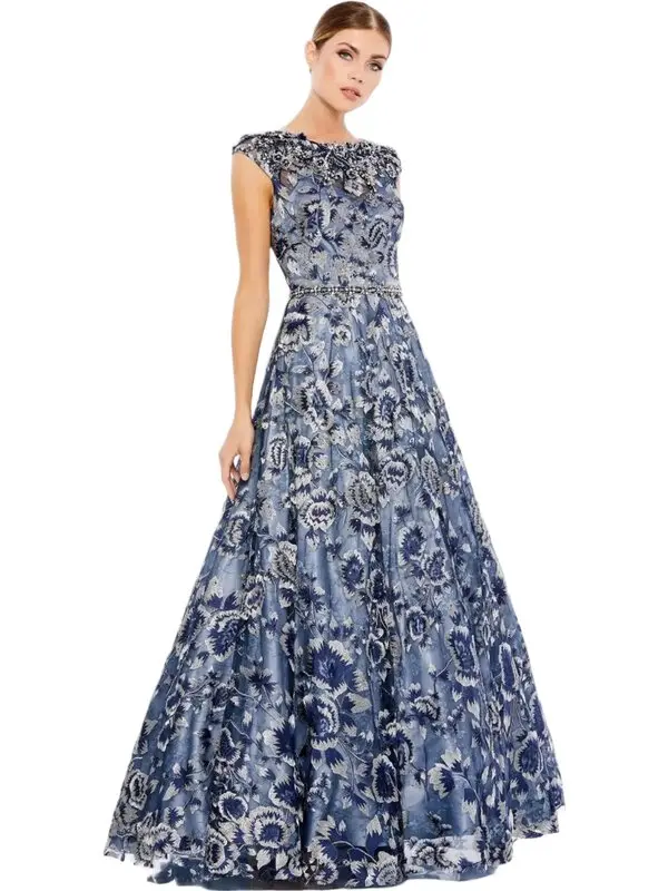 Mac Duggal Embellished Cap Sleeve High Neck Ball Gown - Blue