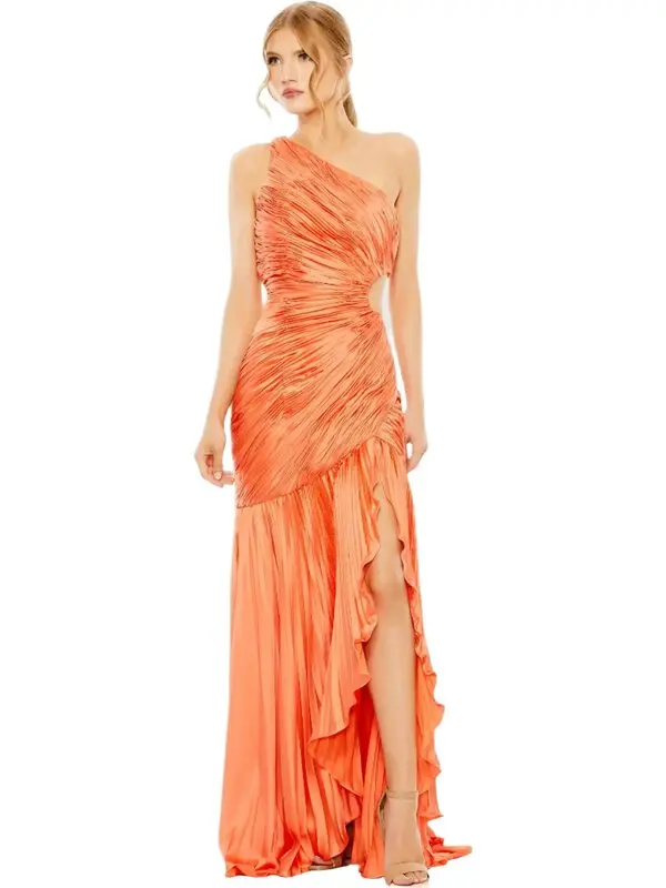 Mac Duggal Side Cut-out One-shoulder Pleated Gown - Orange