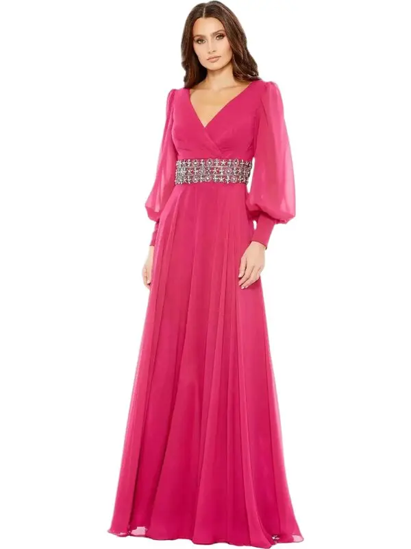 Mac Duggal Bishop Sleeve Wrap Gown With Belt Detail - Pink