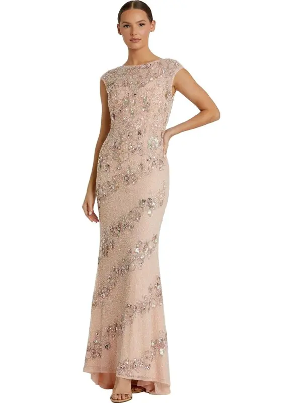 Mac Duggal Floral Embellished Cap Sleeve Column Gown - Pink