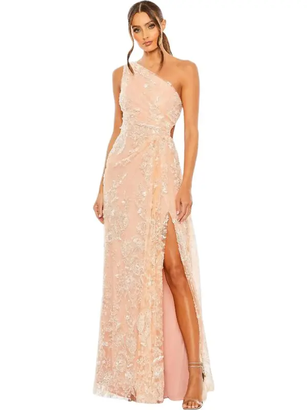 Mac Duggal One-shoulder Embellished Lace Gown With Cut Out - Pink