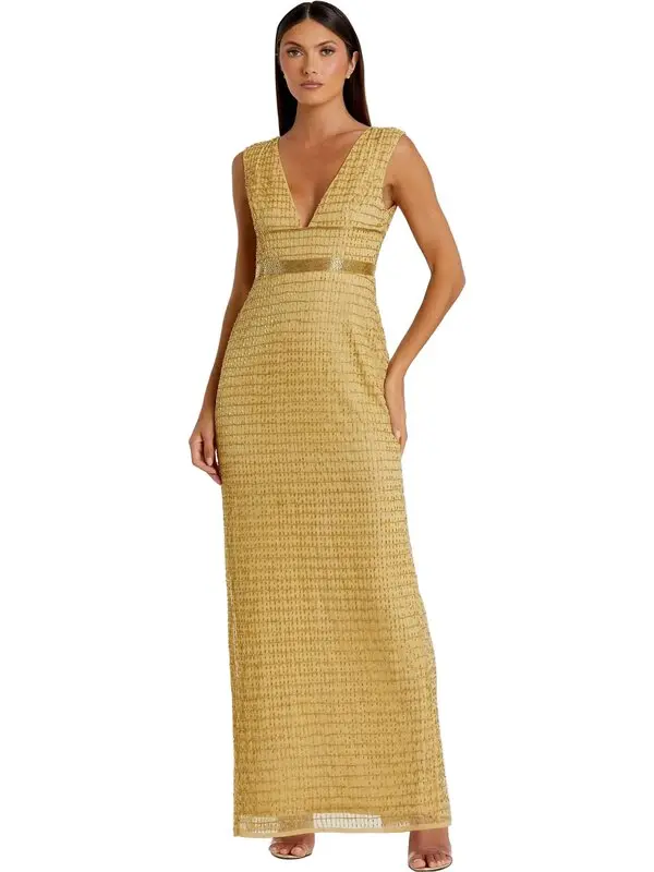 Mac Duggal Beaded V-neck Column Gown - Gold