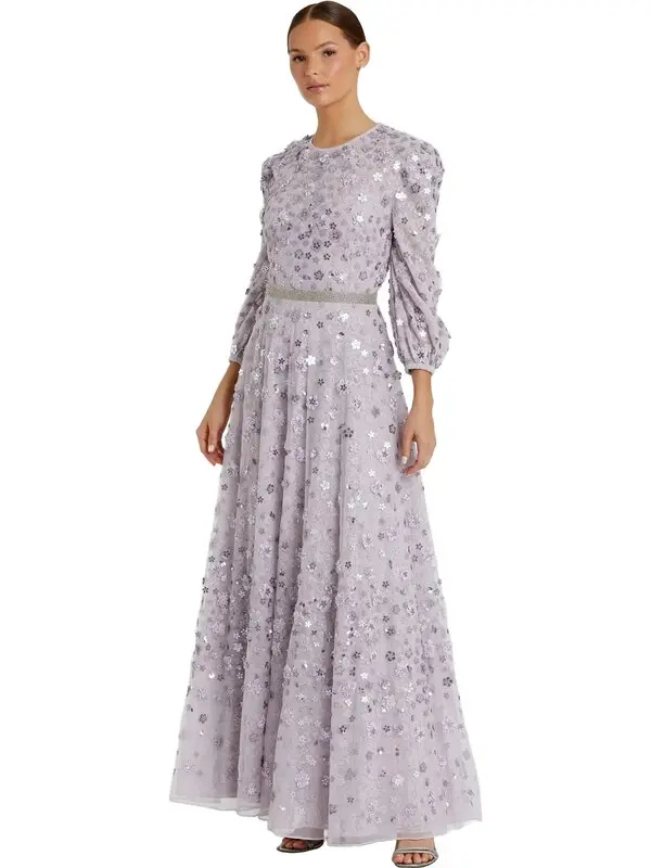 Mac Duggal Floral Applique Puff Sleeve A-line Gown - Purple
