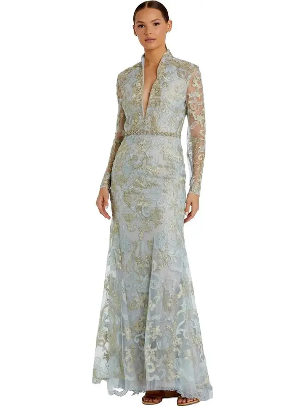 Mac Duggal Queen Anne Lace Long-sleeve Trumpet Gown - Blue