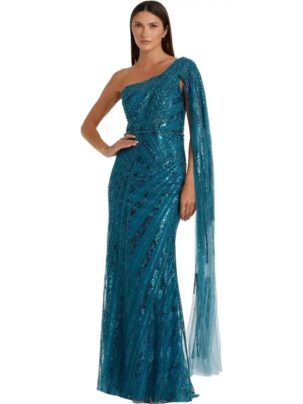 Mac Duggal One-shoulder Cape Sleeve Embellished Gown - Blue