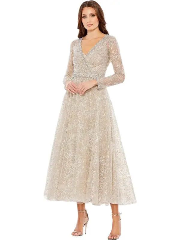 Mac Duggal Embroidered Embellished Long Sleeve Midi Dress - Neutral