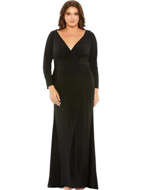 Mac Duggal Long Sleeve V-neck Faux Wrap Gown - Black