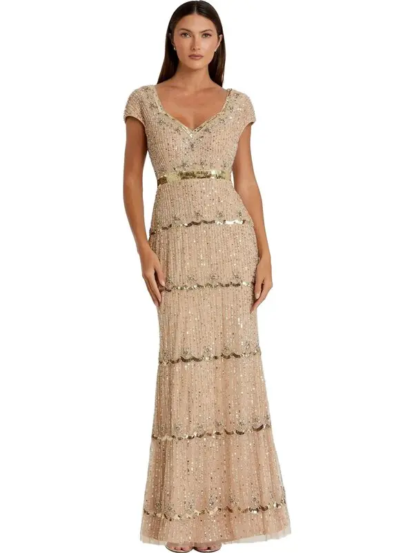 Mac Duggal Sequin Cap Sleeve Sweetheart Column Gown - Neutral
