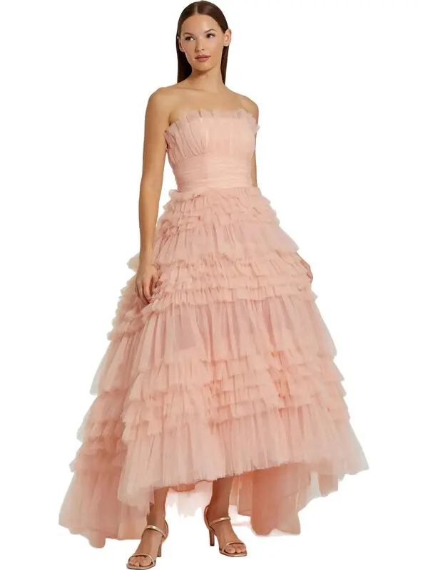 Mac Duggal Strapless Tulle Ruffle Gown - Pink