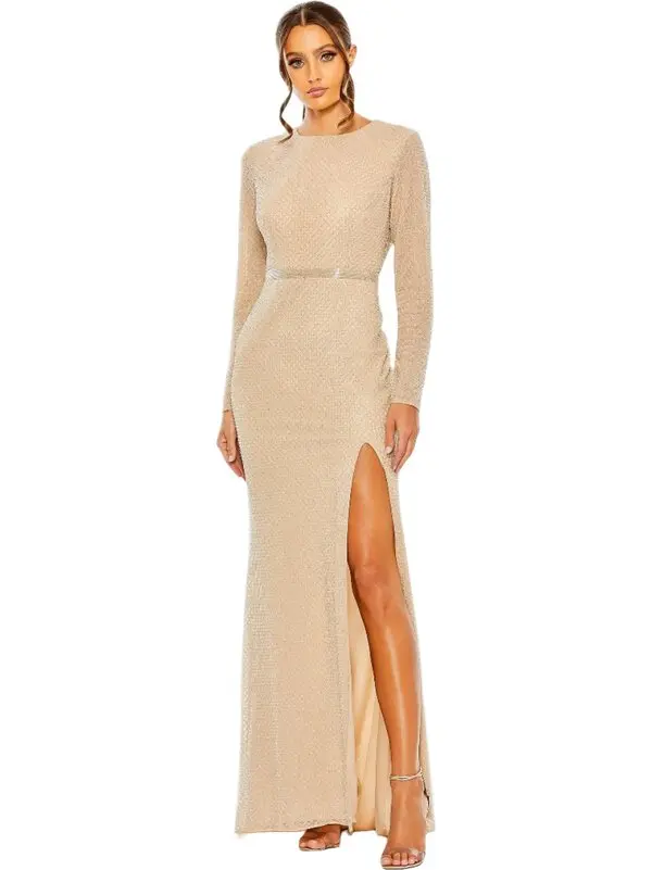 Mac Duggal Beaded High-neck Gown - Nude Silver