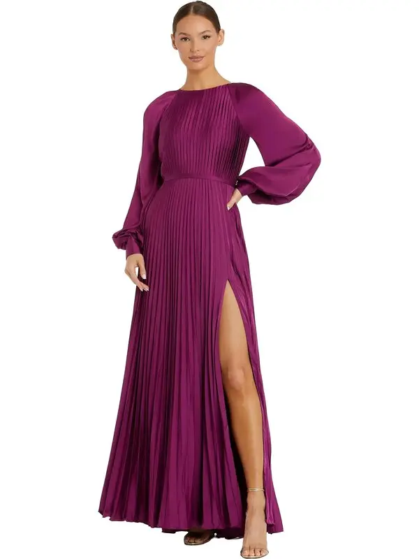 Mac Duggal Pleated High Neck Gown With Slit - Purple