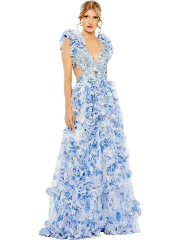Mac Duggal Ruffle Tiered Cap Sleeve Open Back Gown - Blue