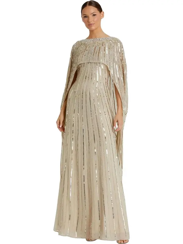 Mac Duggal Embellished Beaded Column Cape Gown - Gold