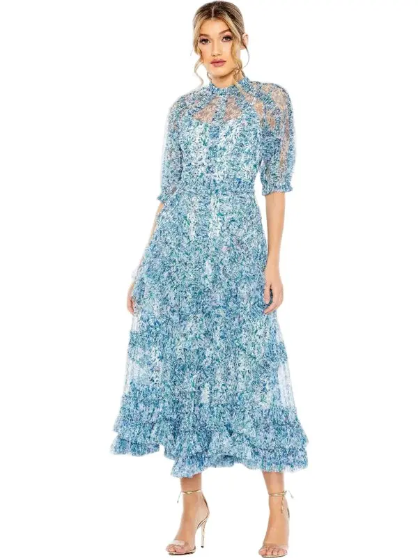 Mac Duggal Mesh Puff Sleeve Floral Print Dress - Blue