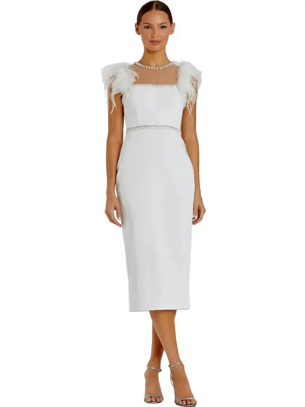 Mac Duggal Feather Cap-sleeve Tea-length Dress With Pearl Embellishments - White