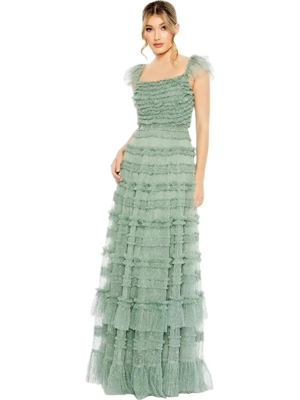 Mac Duggal Ruffle Cap Sleeve Tiered Gown - Green