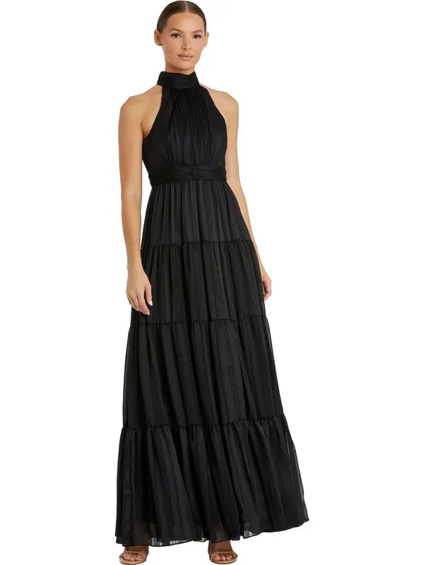 Mac Duggal Tie Halter Neck Tiered Gown - Black