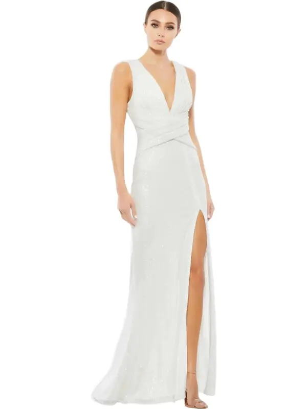 Mac Duggal Sequin V-neck Wrap Waist Gown - White