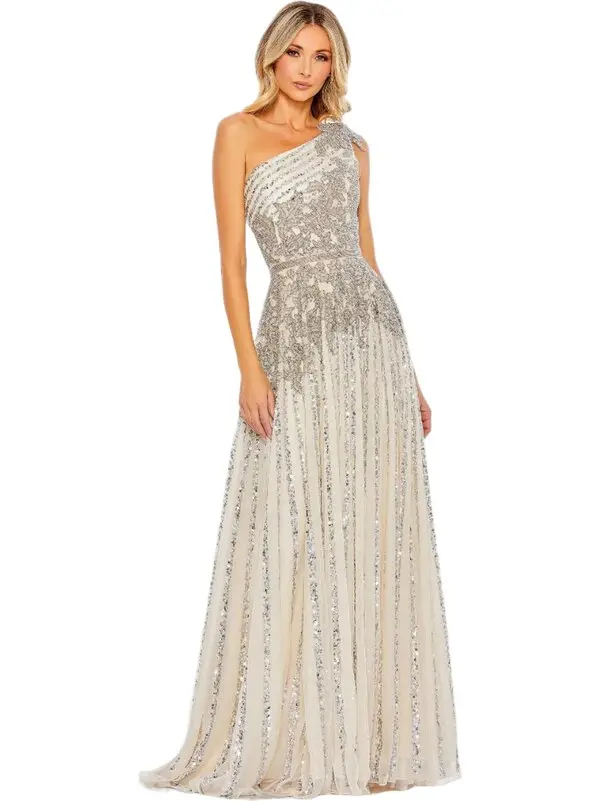Mac Duggal Beaded Embellished One-shoulder A-line Gown - White