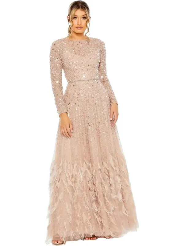 Mac Duggal Disc Embellished Sequin Gown With Feather Detail - Pink