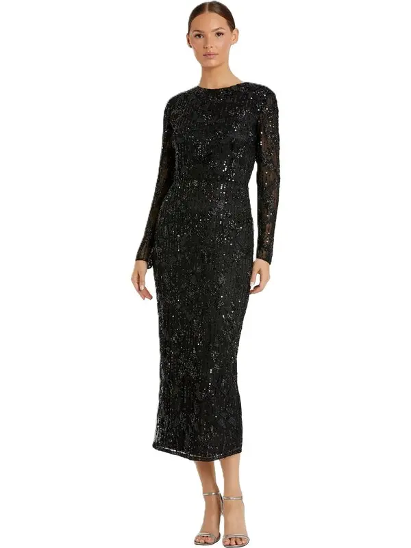 Mac Duggal High Neck Long Sleeve Embellished Dress - Black