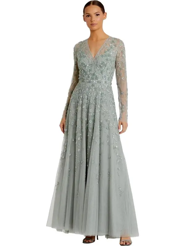 Mac Duggal Embellished Wrap Over Illusion Long Sleeve A-line Gown - Green