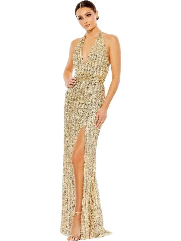 Mac Duggal Sequin Embellished Halter Trumpet Gown - Gold